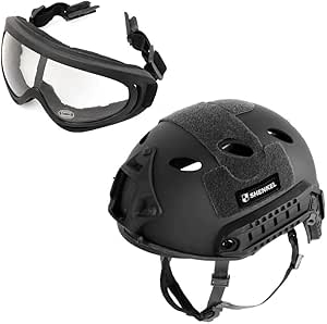 Amazon.co.jp: SHENKEL FAST HELMET ファストヘルメット PJタイプ 4点式あご紐 ヘルメット (BK) ＋ GX-500タイプ コンバット ゴーグル (BK ...