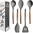 Miusco 5 Piece Silicone Cooking Utensil Set with Natural Acacia Hard ...