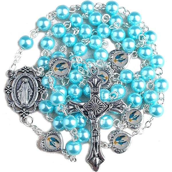 SILVER ROSE BEADS CATHOLIC SACRED HEART JESUS HOLY MEDAL ROSARY