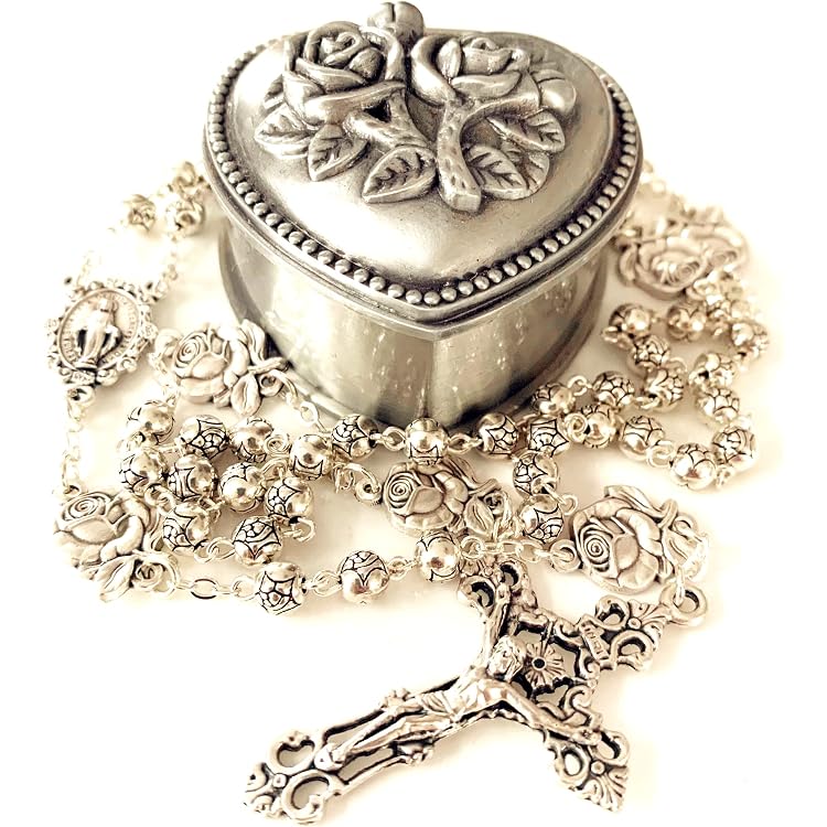 SILVER ROSE BEADS CATHOLIC SACRED HEART JESUS HOLY MEDAL ROSARY